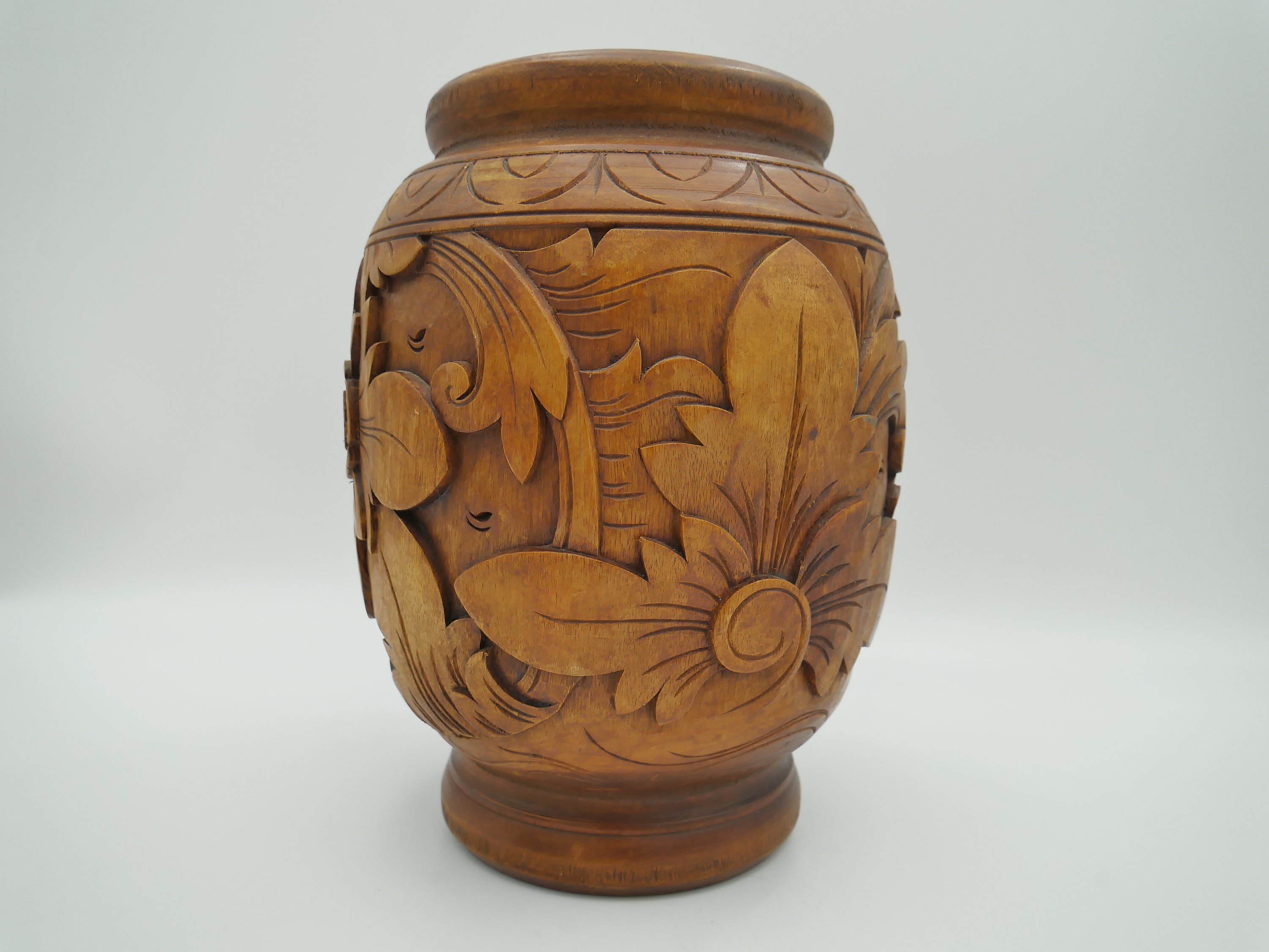 Hand Carved Wood Vase Raised Floral Exotic Jar - Etsy