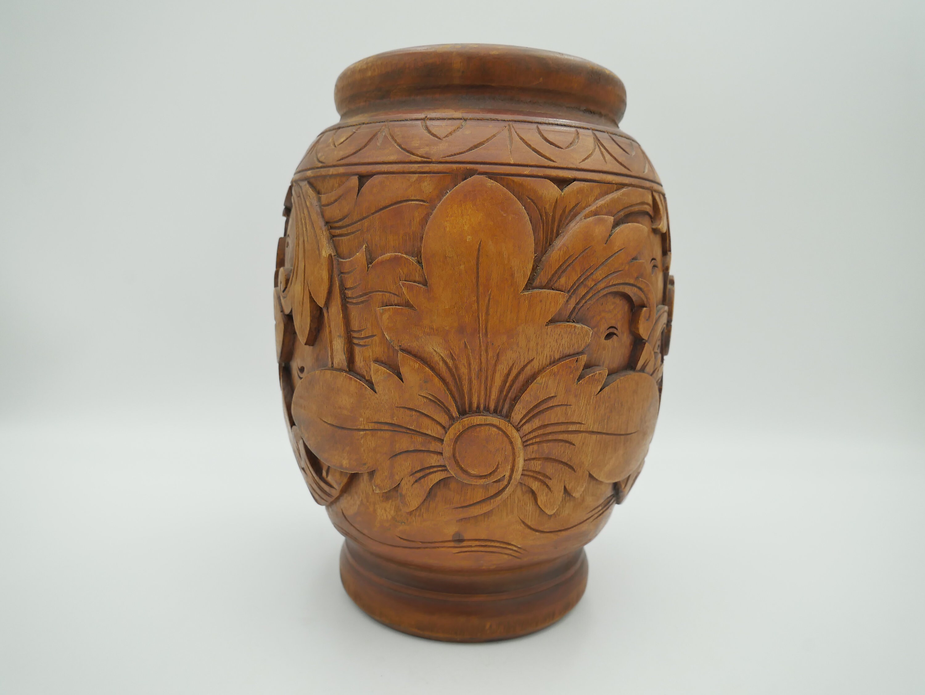 Hand Carved Wood Vase, Raised Floral Exotic Jar - Etsy