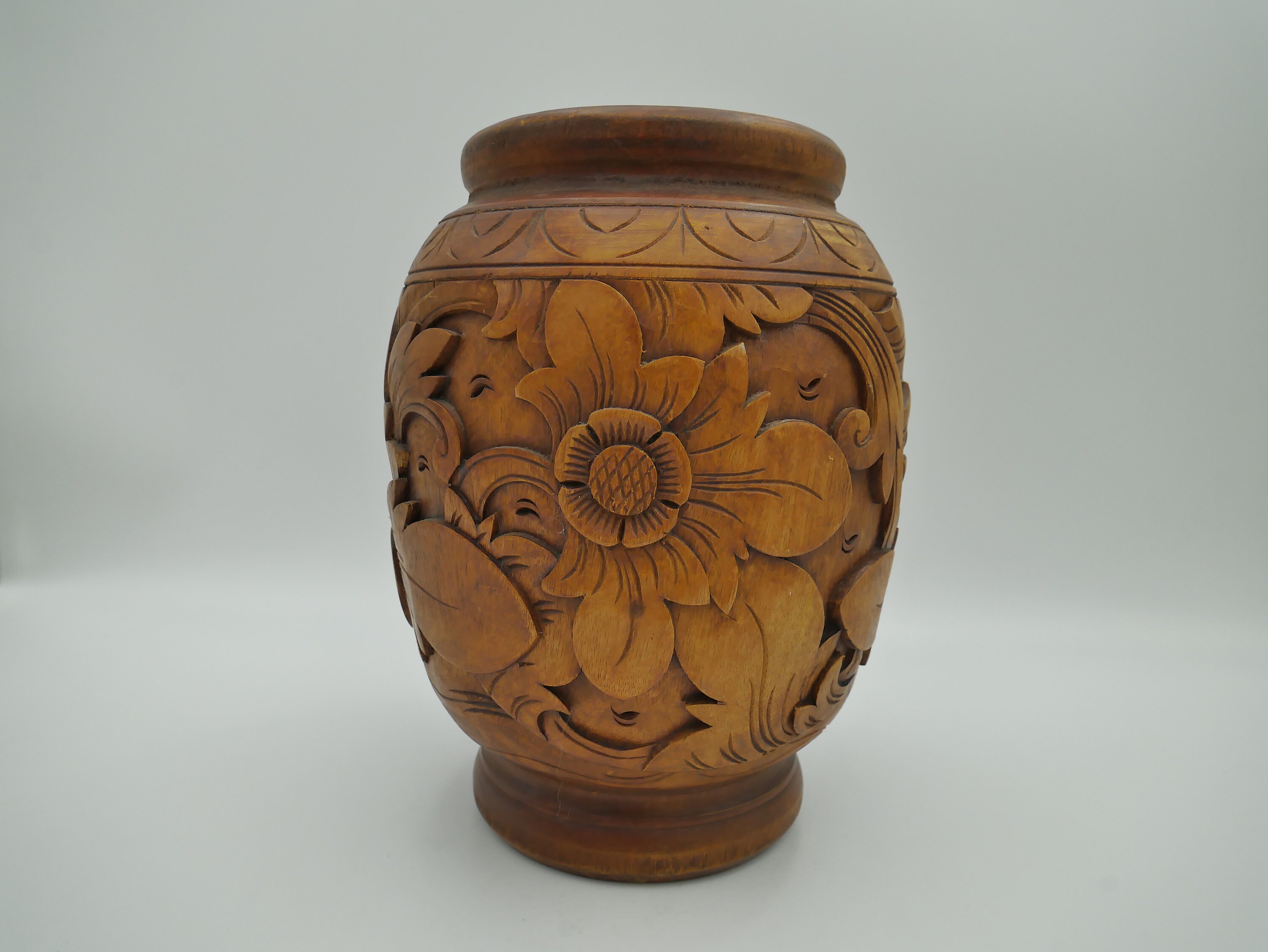 Hand Carved Wood Vase Raised Floral Exotic Jar - Etsy