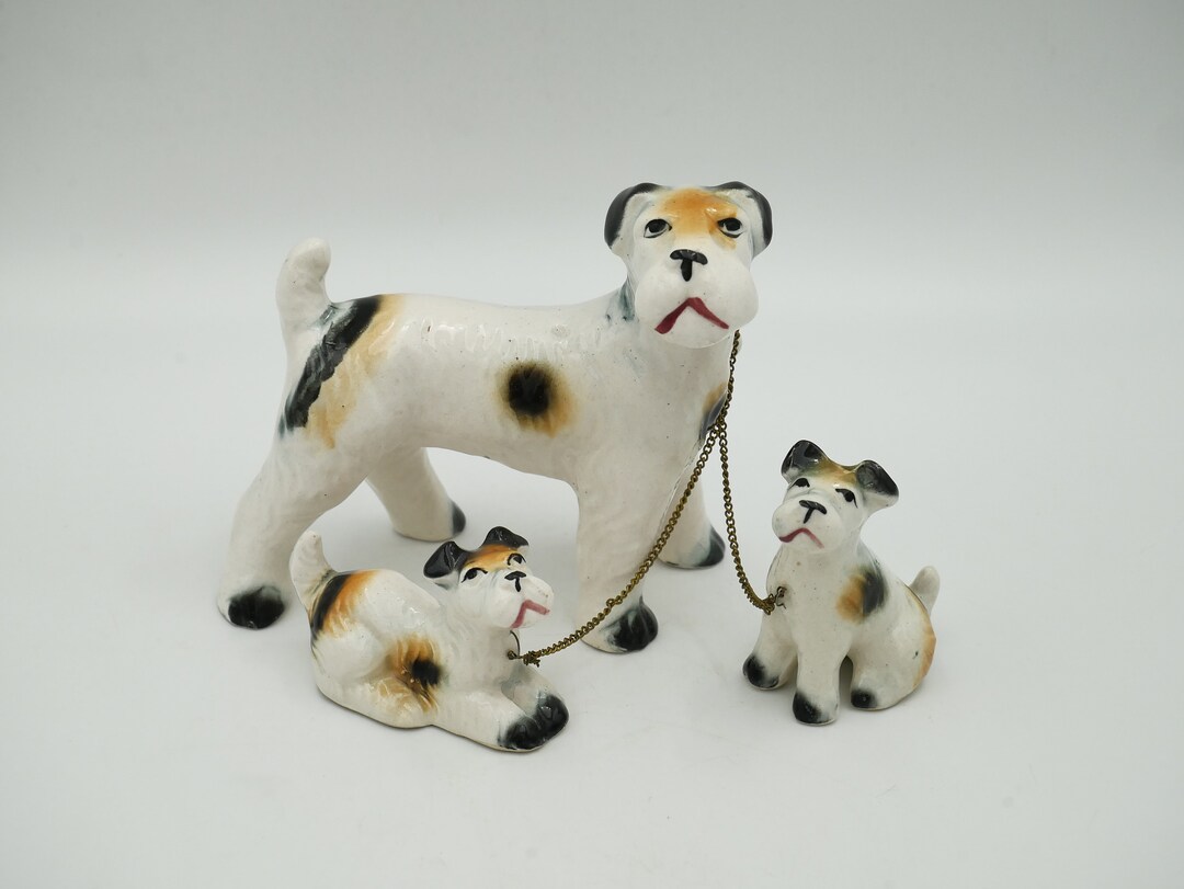 Vintage Ceramic Schnauzer Dog With Puppies on Leash Made in Japan - Etsy