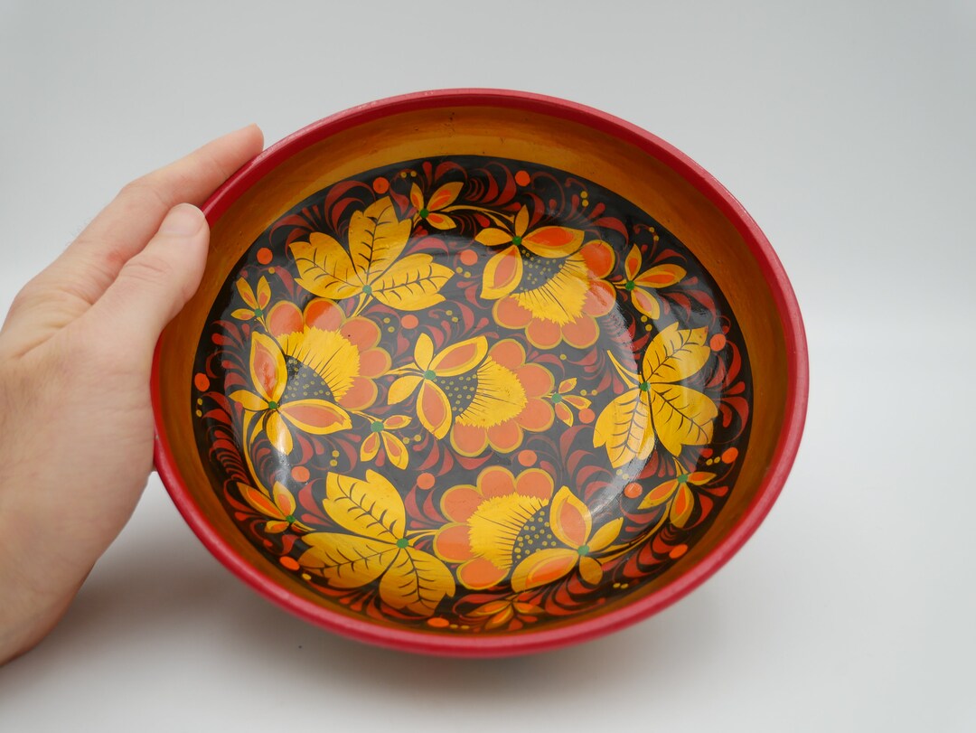 Tole Painted Wooden Fruit Bowl, Folk Art Painted Floral Bowl in Black ...