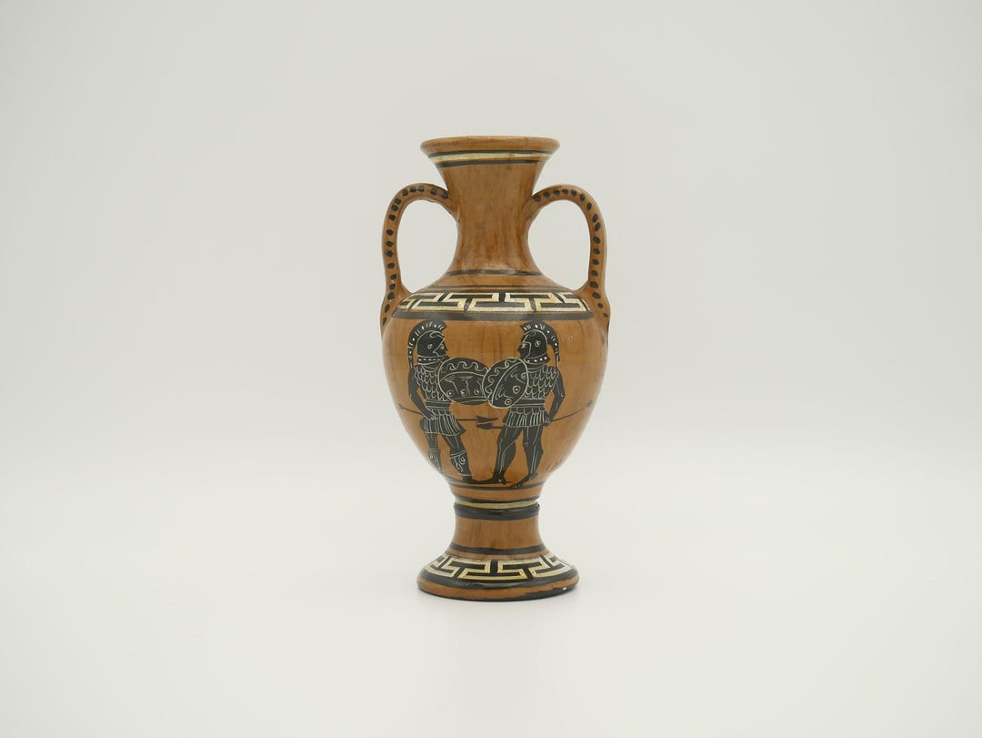 Greek Warriors Ceramic Vase, Black Beige Brown, Greek Key, Hearts, 7.75 ...