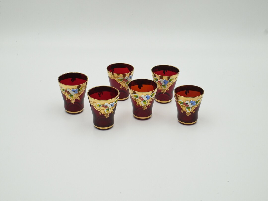 Vintage Ruby Red Shot Glasses Set of 6, Italian Venetian Bar Decor Hand ...