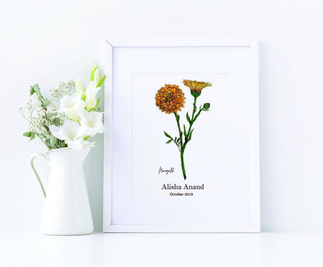 Personalised October Birth Flower Print / Birth Flower Hand Drawn ...