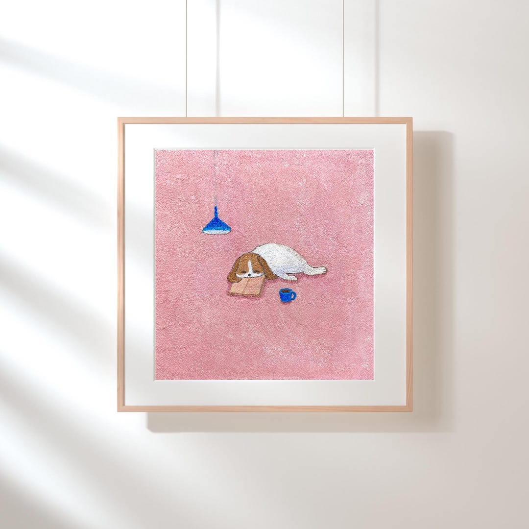 Dog Dozing Off, Painting Wall Art, Minimalist Square Print, Whimsical ...