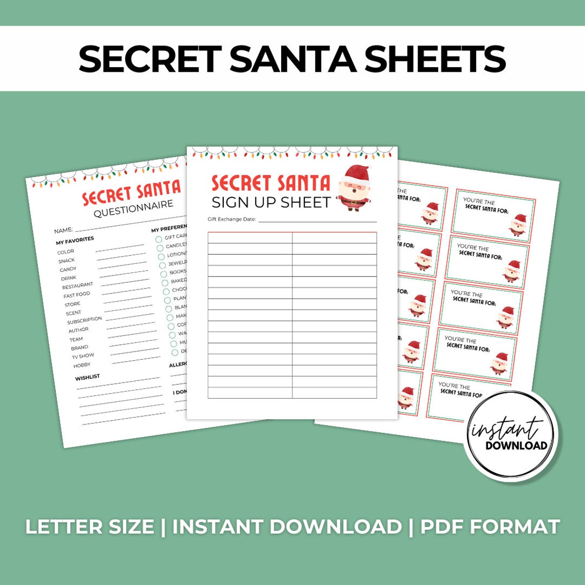 Secret Santa Sheets, Secret Santa, Secret Santa Questionnaire, Secret ...