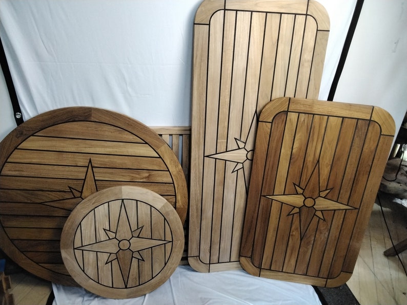 Teak Boat Table Tops W/ Compass Rose Inlay - Very Nice! 2 Styles, 5 ...