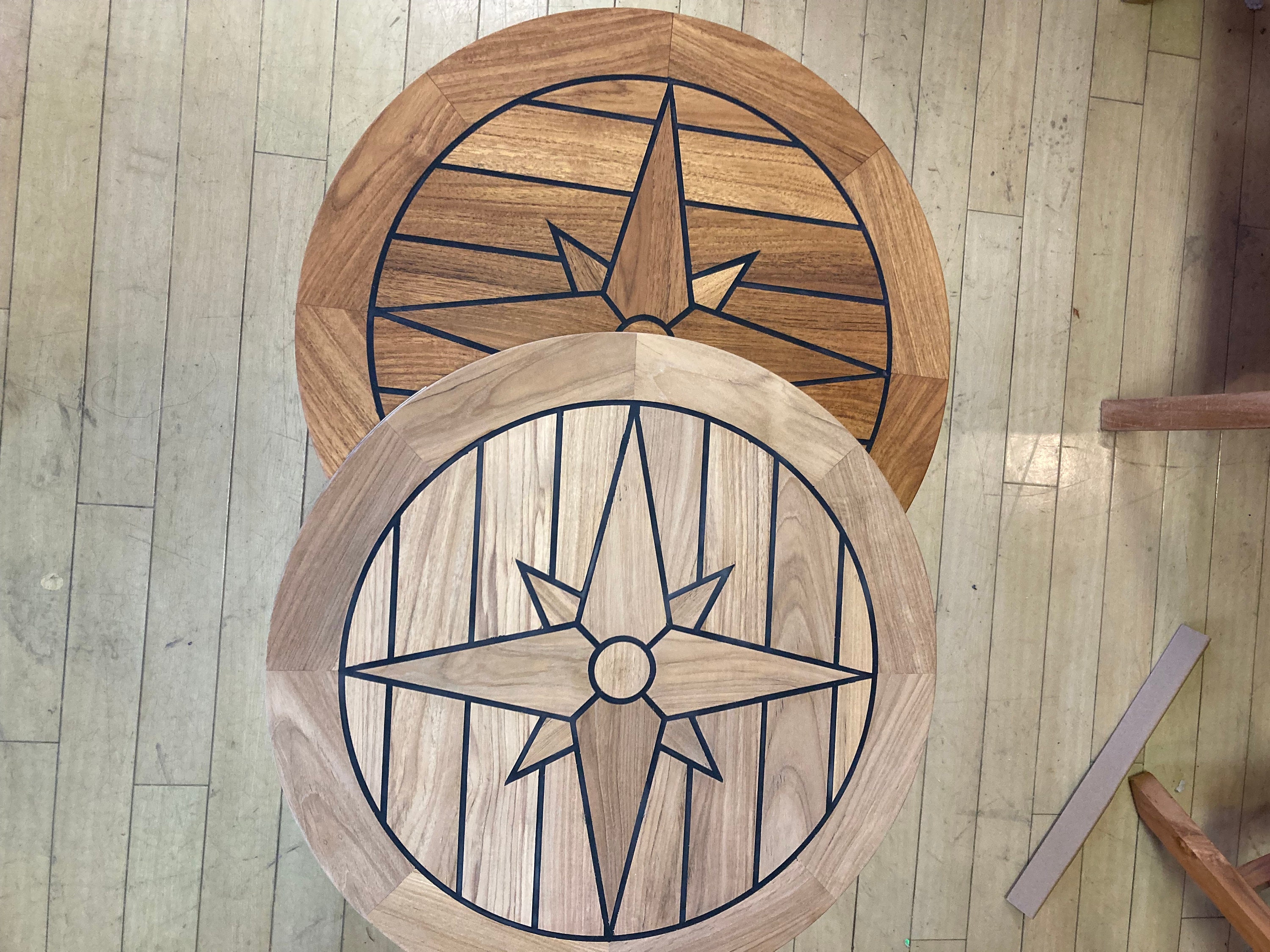 Teak Boat Table Tops W/ Compass Rose Inlay - Very Nice! 2 Styles, 5 ...
