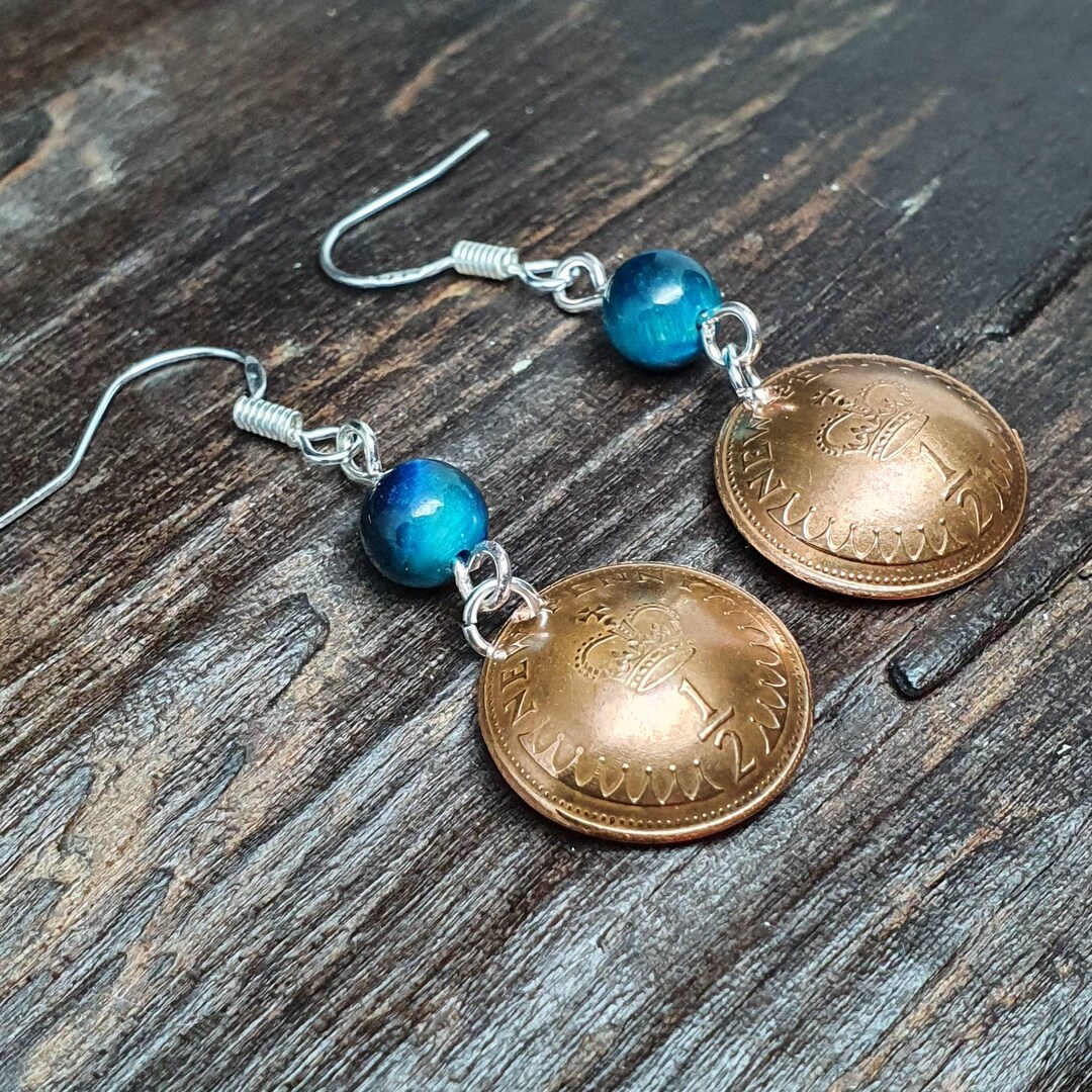 British Half Penny Blue Tiger Eye Quartz Domed Earrings - Etsy