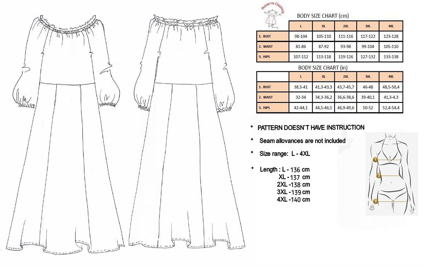PDF Pattern of Long Dress Plus Size, PDF Pattern for Women, Pdf ...