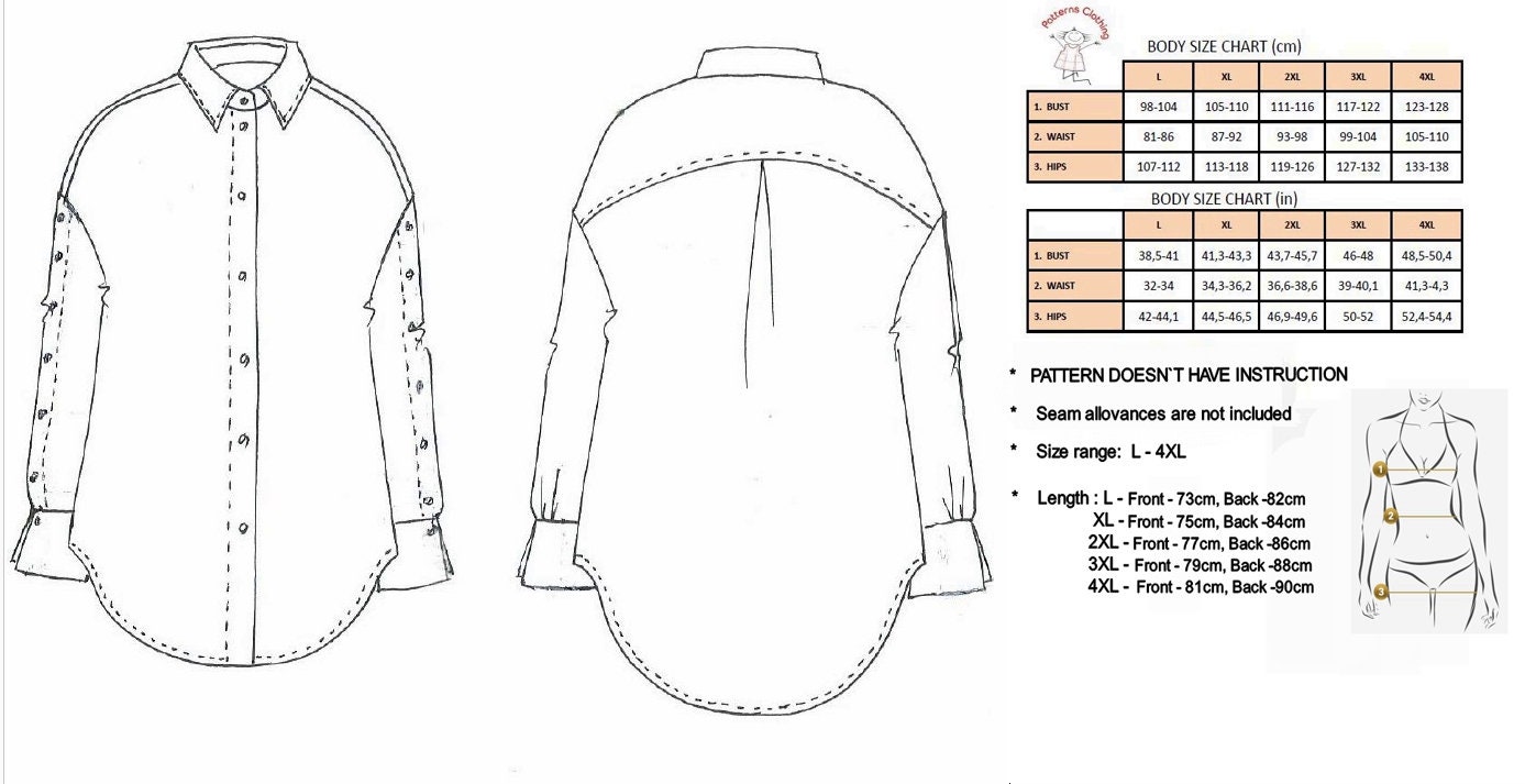 PDF Pattern of Women's Oversized Shirt, PDF Pattern Plus Size Women ...