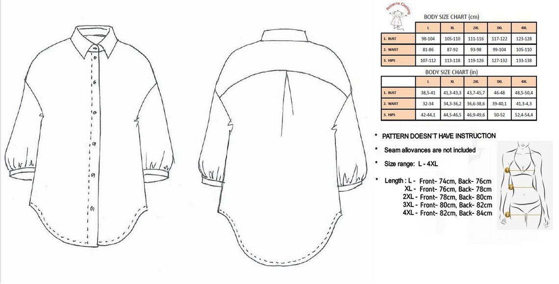 PDF Pattern of Women's Oversized Shirt PDF Pattern Plus - Etsy