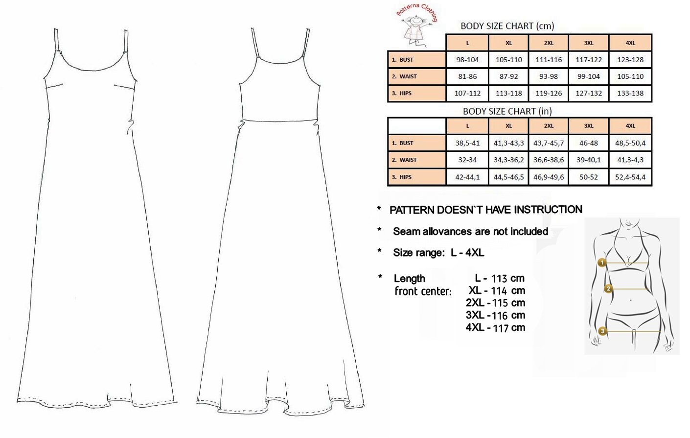 PDF Pattern of Slip Dress, PDF Pattern Big Sizes, Pdf Patterns for ...