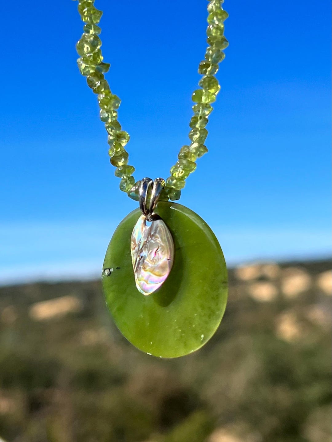 Jade Pendant With Abalone Shell Accent on Peridot Necklace - Etsy