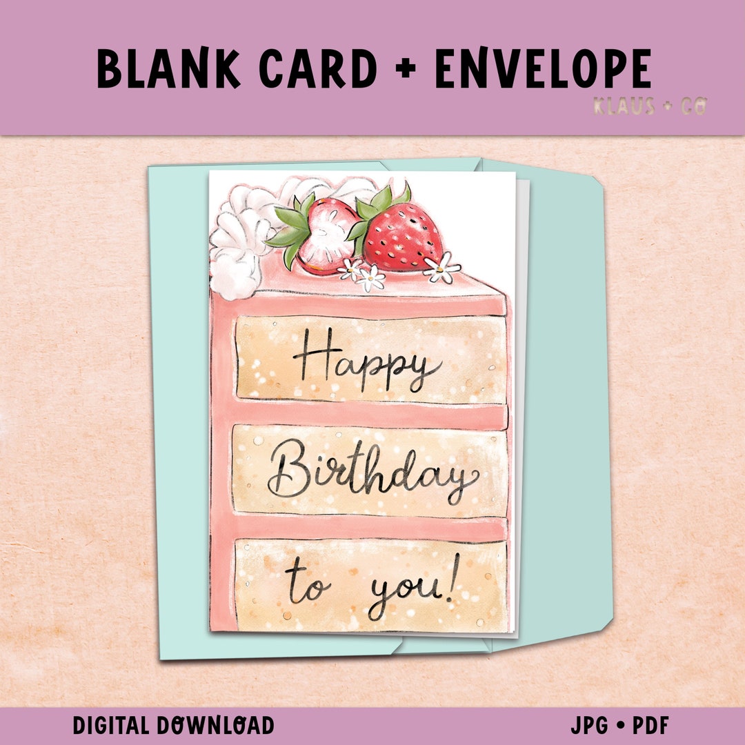 Slice of Cake Birthday Card / DIGITAL / Card and Envelope / Strawberry ...