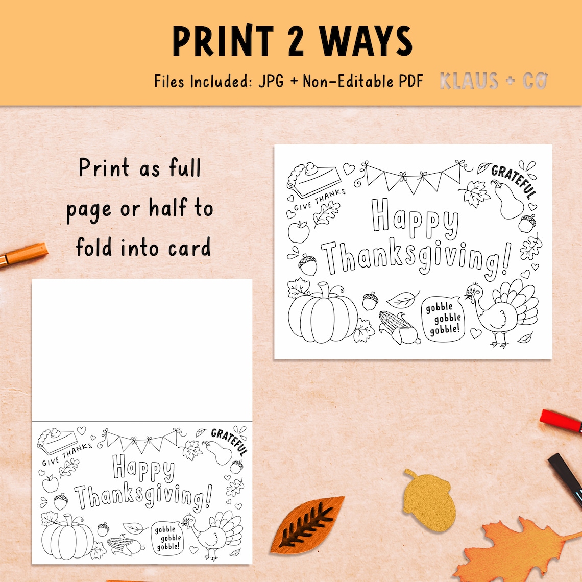 Happy Thanksgiving Card Coloring Page / Printable Activity / Digital ...