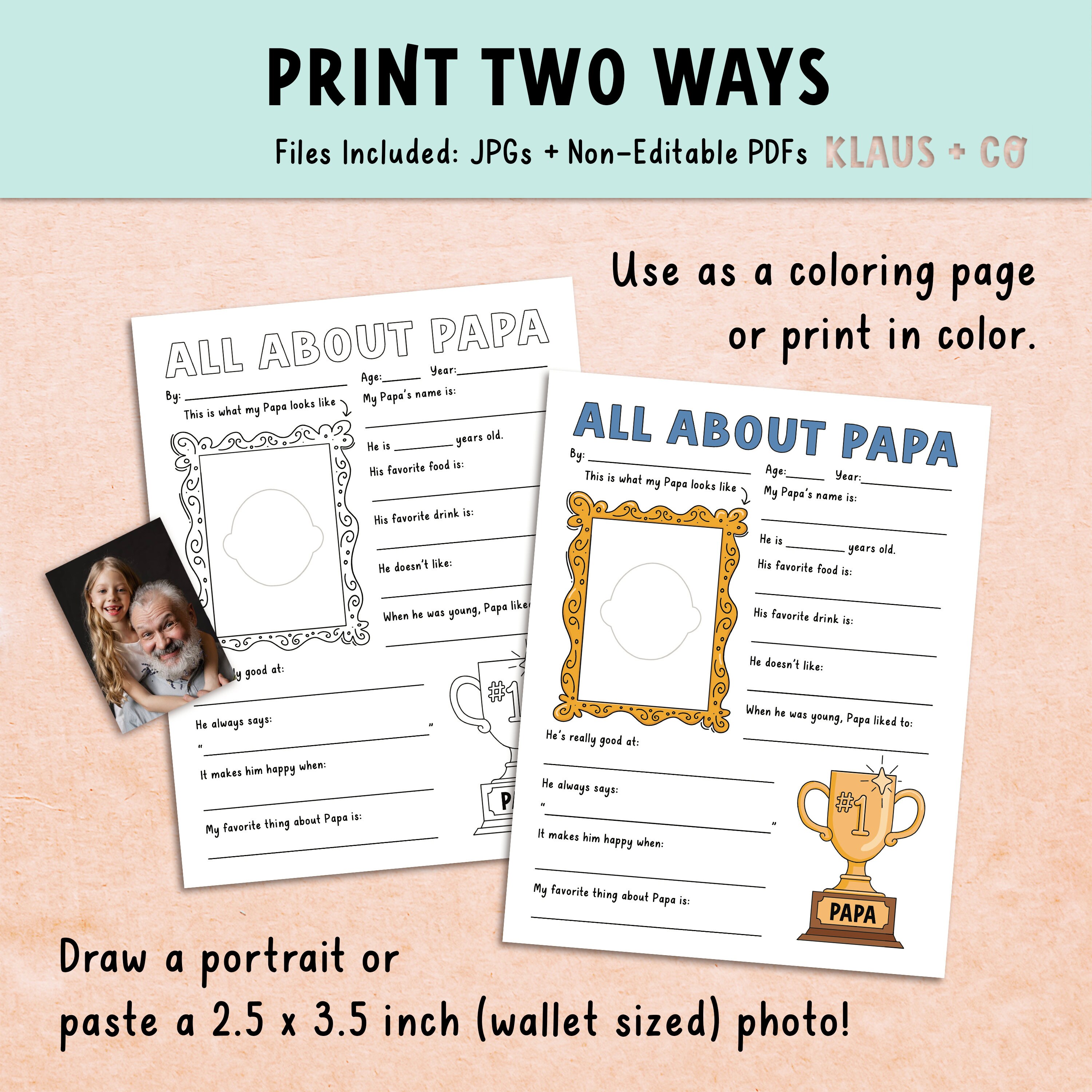 All About Papa Gift for Father's Day / Printable Coloring Card for Kids ...