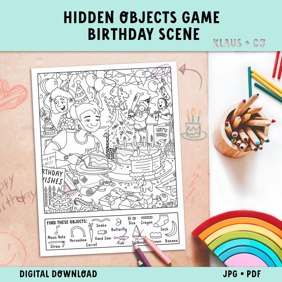 Color and Find Hidden Object Birthday Coloring Page / Printable ...