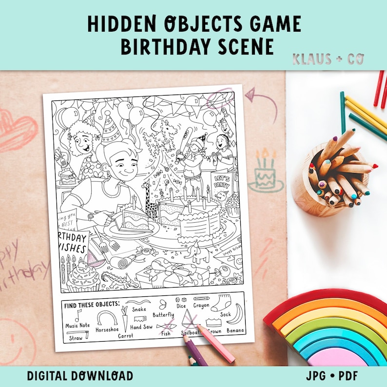 Color and Find Hidden Object Birthday Coloring Page / Printable ...