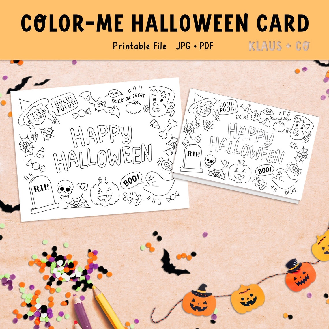 Happy Halloween Card Coloring Page / Printable Activity / Digital ...