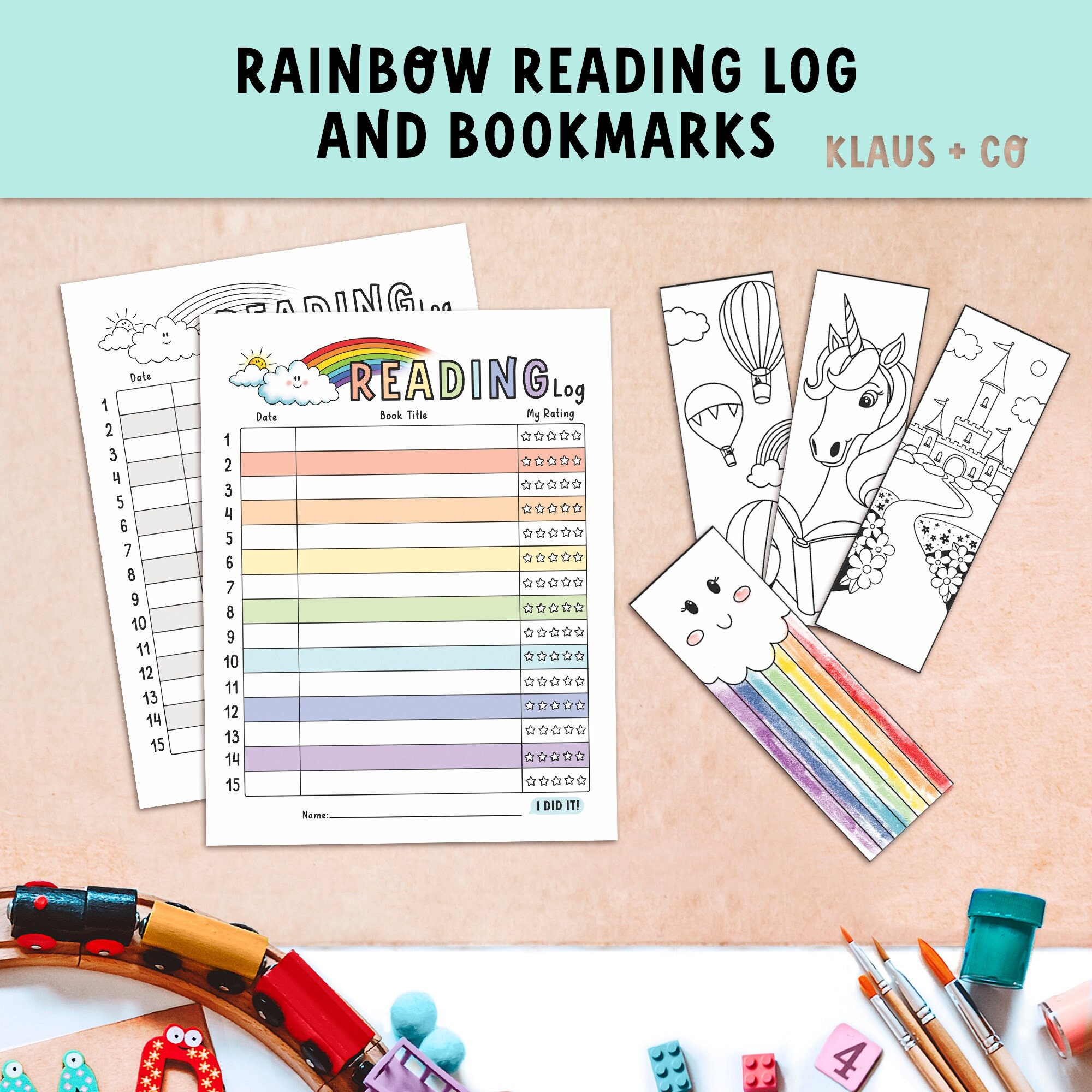Rainbow Reading Log for Kids / Coloring Bookmarks / Printable Activity ...