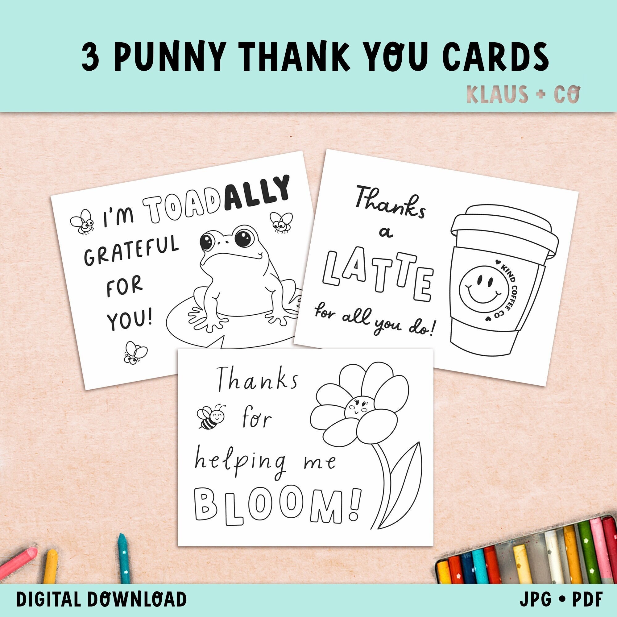 Punny Thank You Coloring Pages for Kids / Three Cards / Thanks a Latte ...