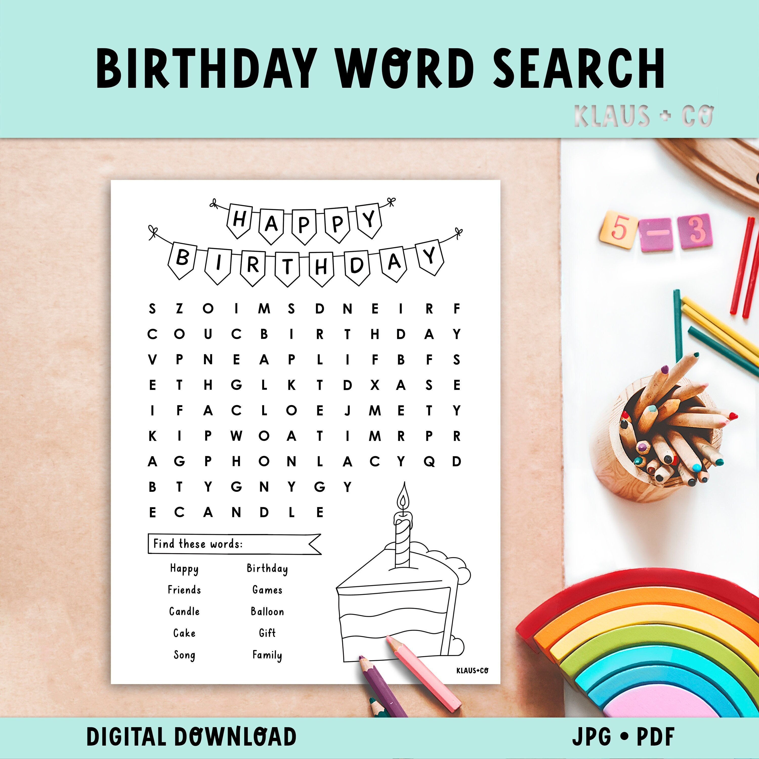 Birthday Word Search / Coloring Page / Printable Activity - Etsy