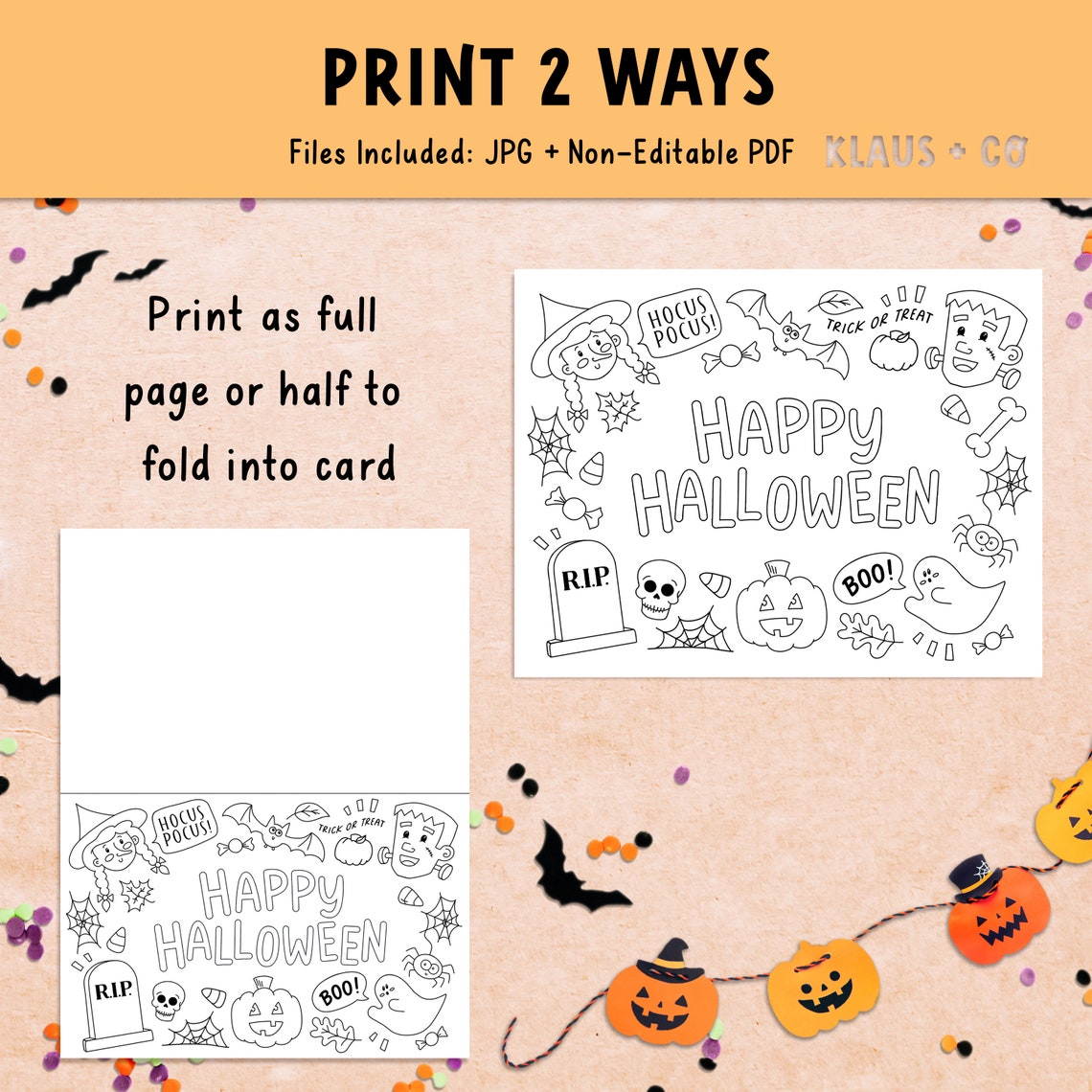 Happy Halloween Card Coloring Page / Printable Activity / Digital ...