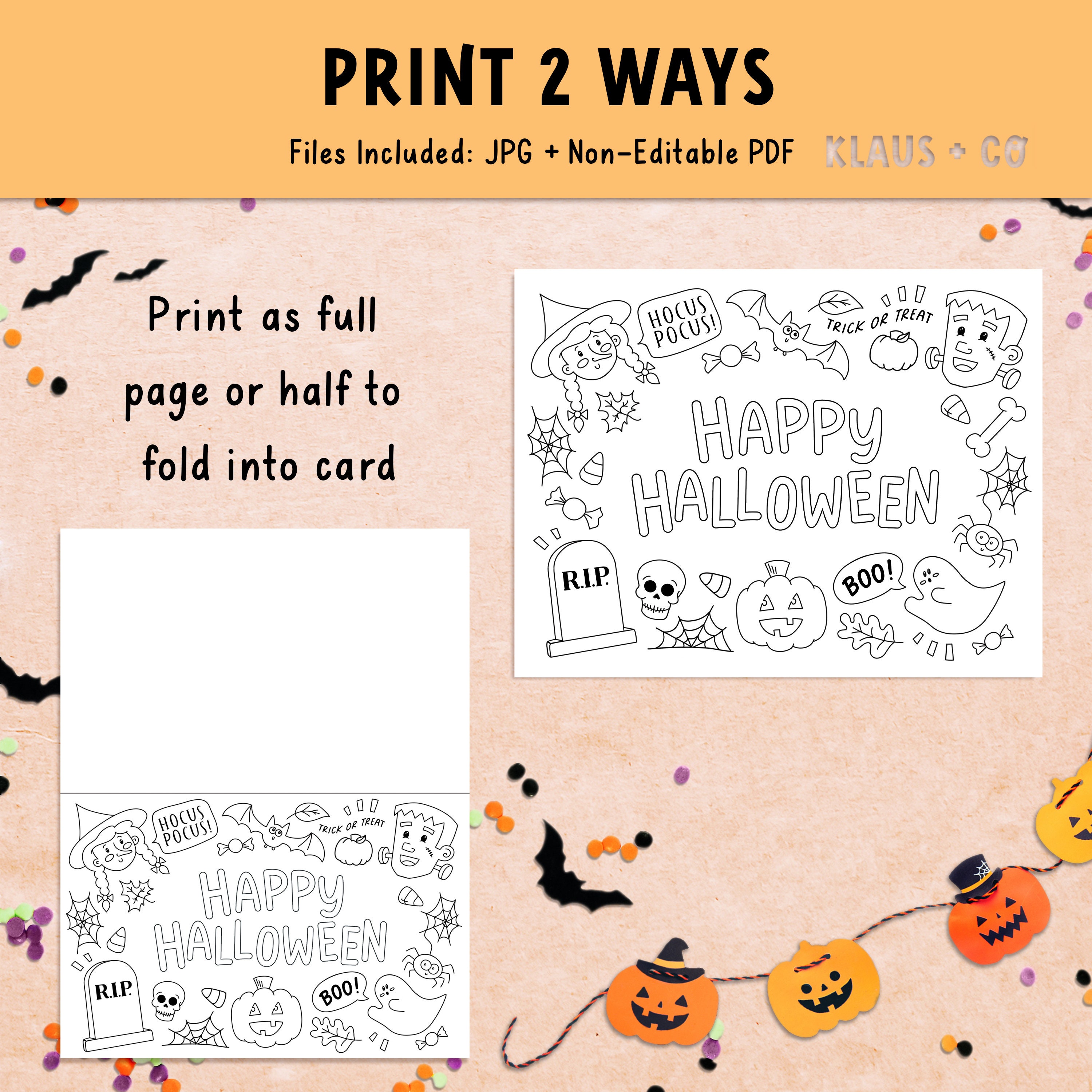 Happy Halloween Card Coloring Page / Printable Activity / Digital ...