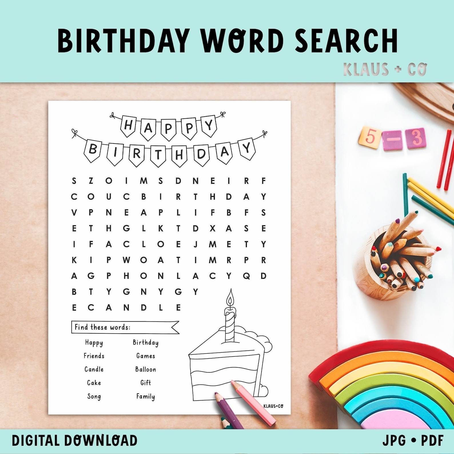 Birthday Word Search / Coloring Page / Printable Activity | Etsy