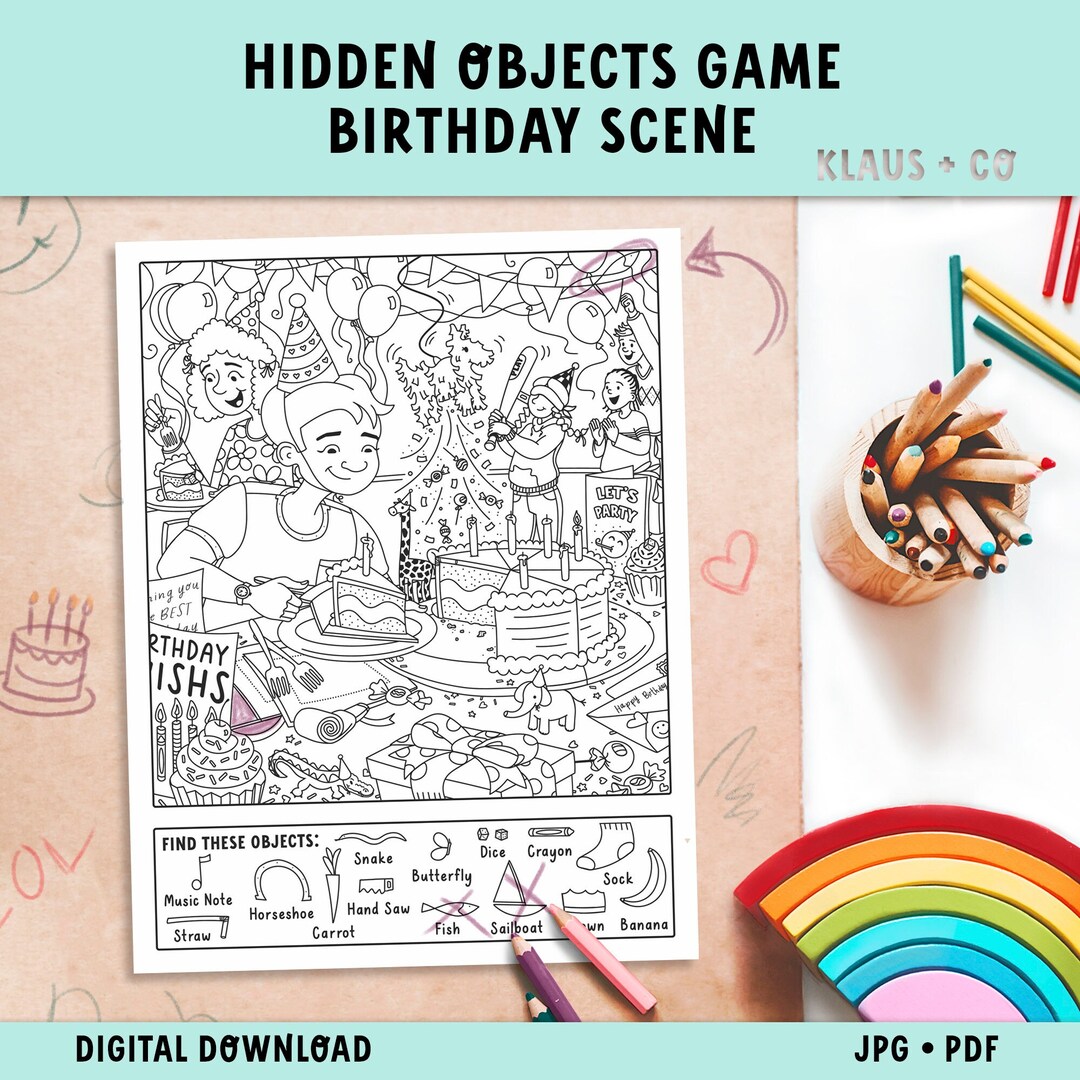 Color and Find Hidden Object Birthday Coloring Page / Printable ...