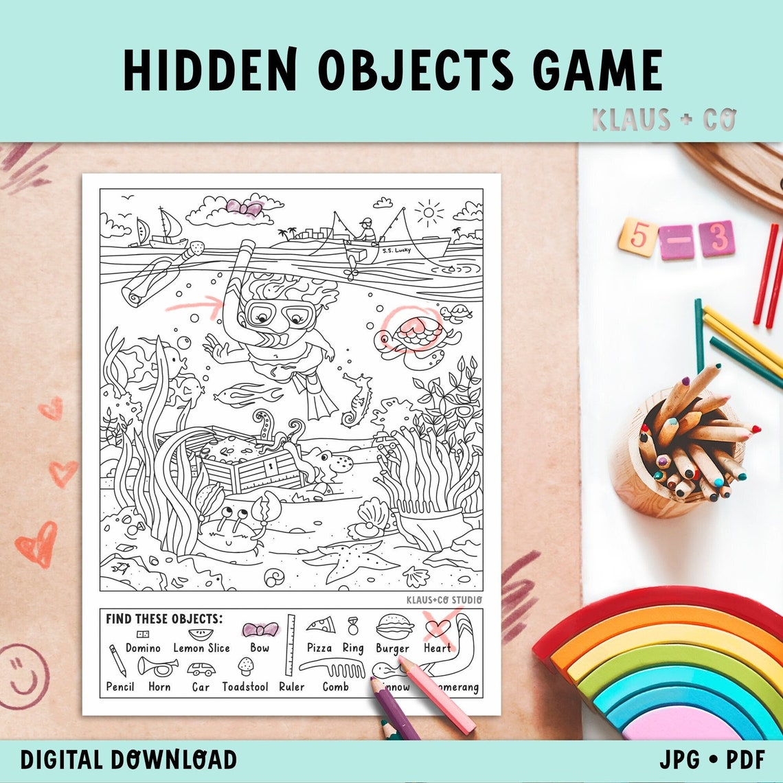 Color and Find Hidden Object Coloring Page / Printable - Etsy