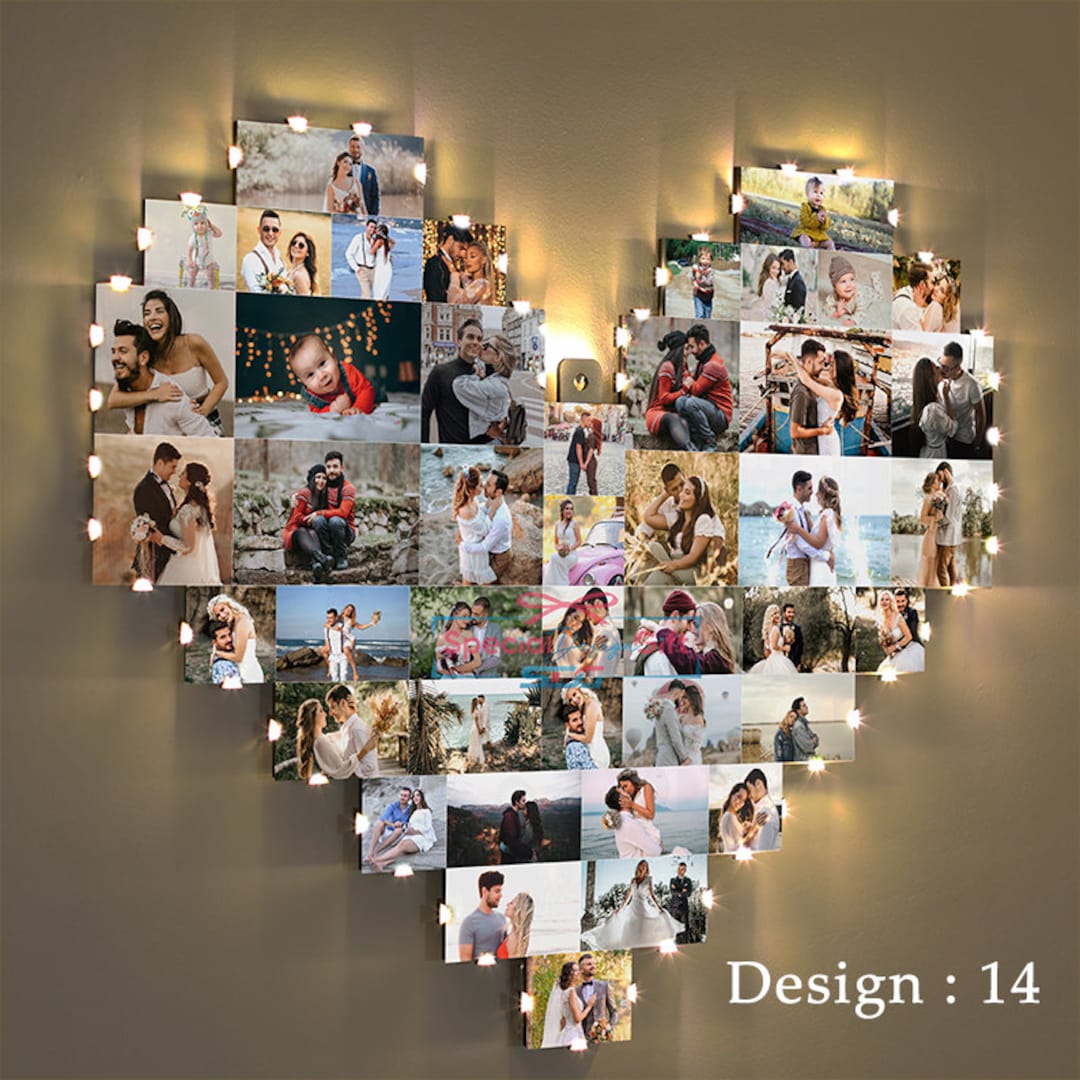 Wooden Photo Board for Wall, Heart Shaped Wood Board With Led Light ...