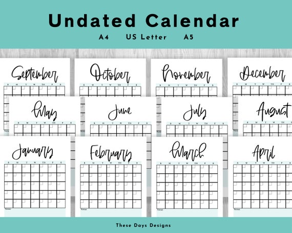 12 Month Calendar Undated Calendar Printable Calendar Monthly Calendar Blank Calendar Minimalist Calendar Monthly Agenda Etsy