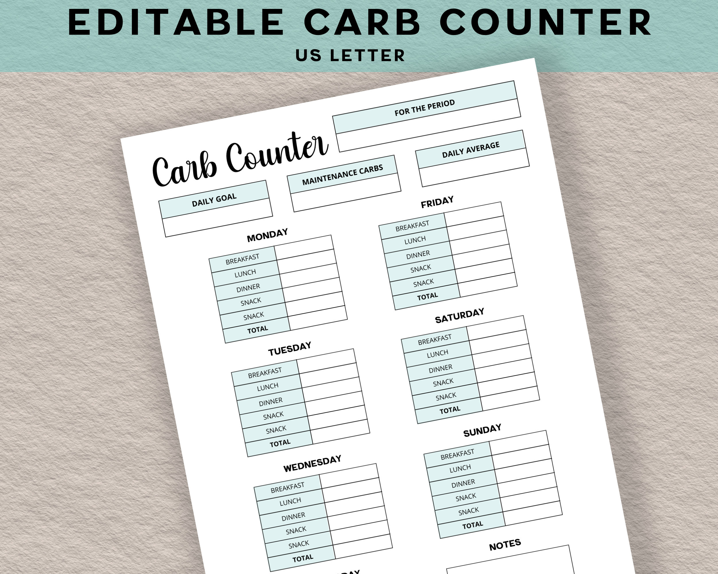 Carb Calculator, Diet Tracker, Editable Printable, Food Log, Daily ...