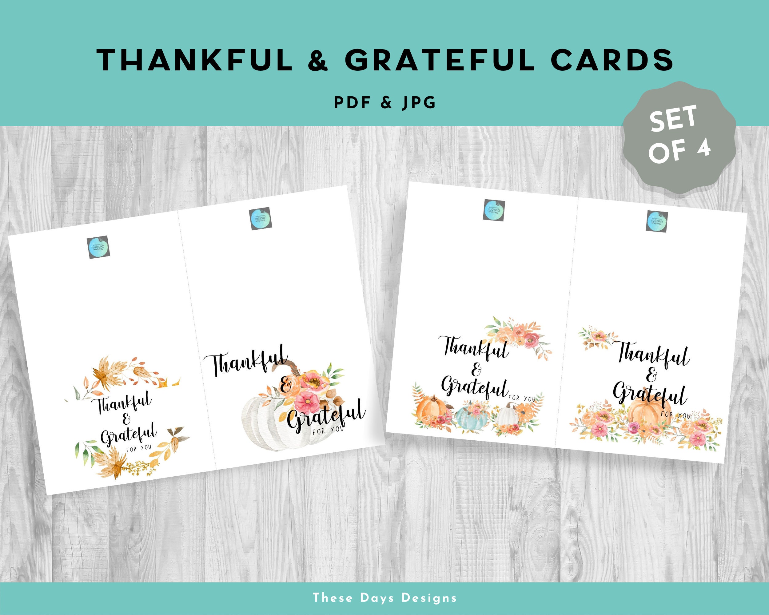 Thankful Cards, Printable, Grateful Cards for You Card Set of 4, Boho ...