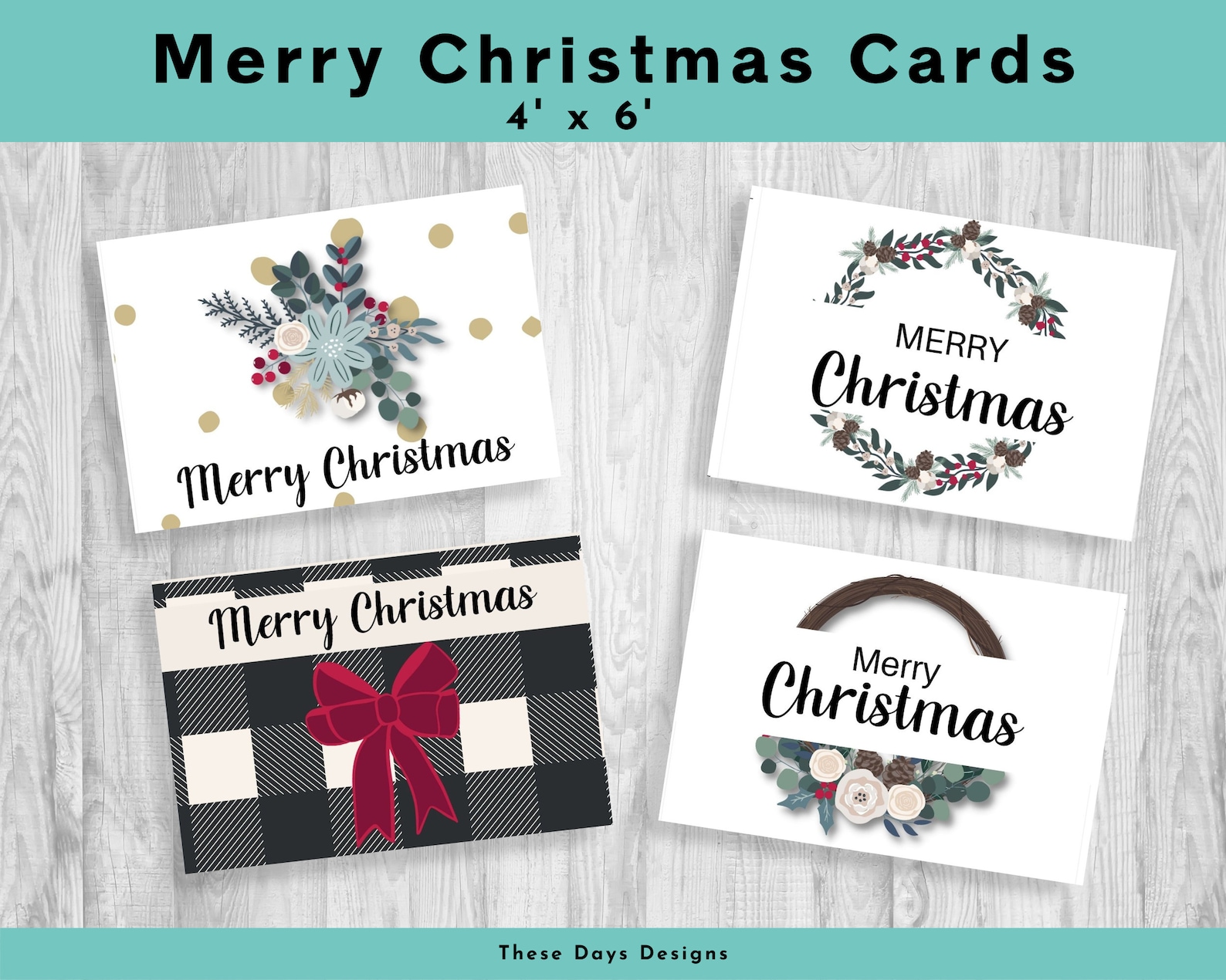 Printable Christmas Card Set of 4, Holiday Card Pack, Farmhouse ...