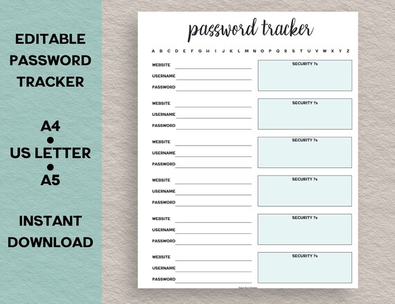 Editable Password Tracker Password Keeper Password - Etsy