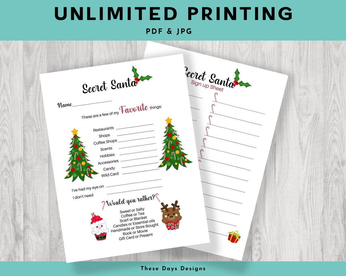 Secret Santa Printable, Secret Santa Questionnaire, Gift at Work, Gift ...
