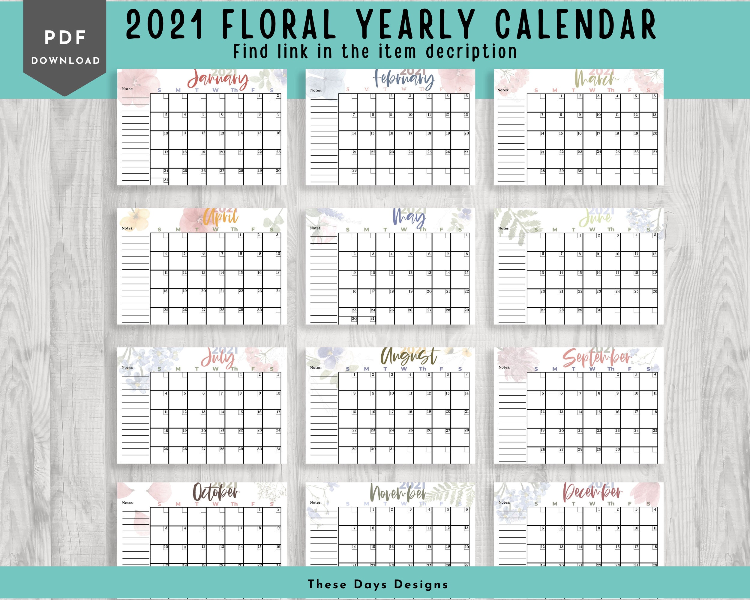 12 Month Calendar, Undated Calendar, Printable Calendar, Monthly ...