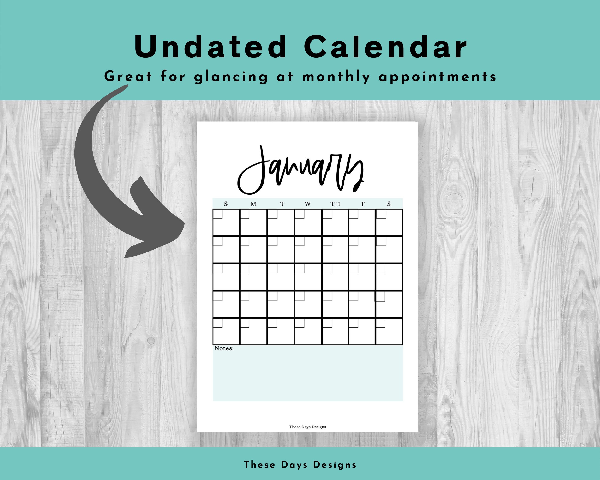 12 Month Calendar, Undated Calendar, Printable Calendar, Monthly ...
