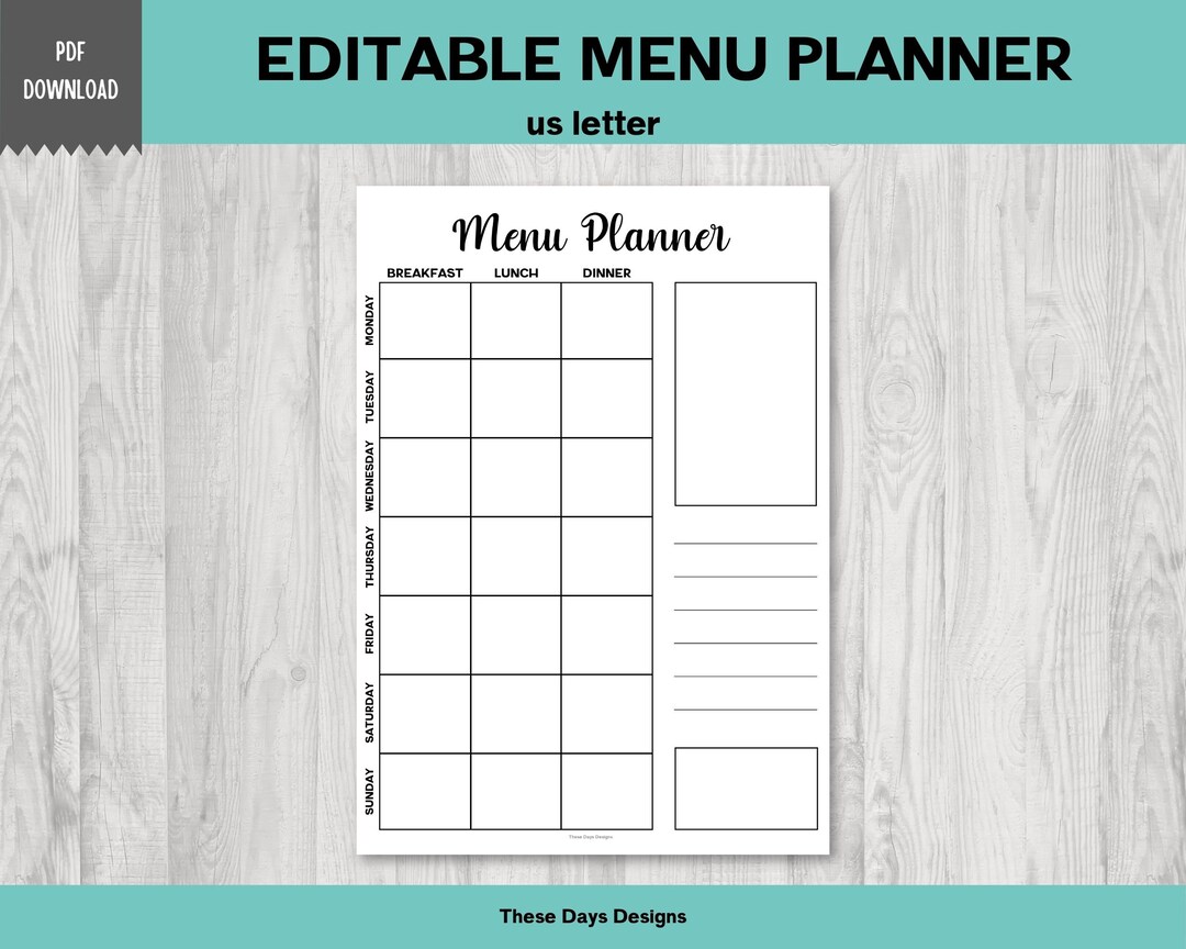 Menu Planner, Editable Planner, Meal Planner, Menu Template, Digital ...