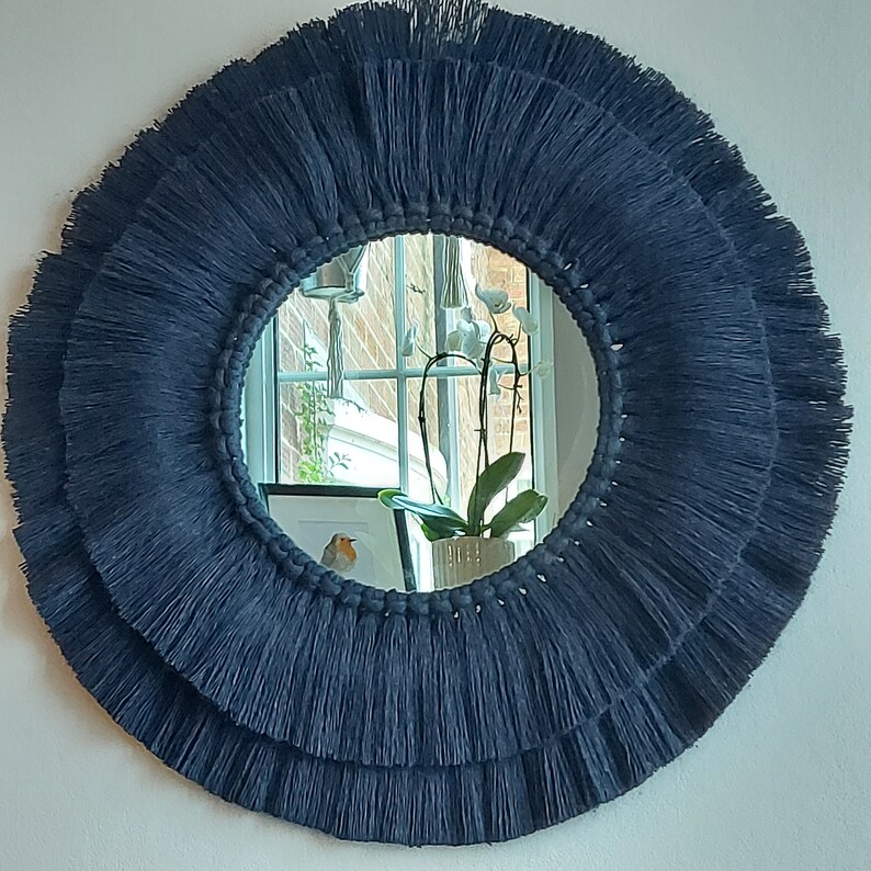 Navy Blue Macrame Mirror Fringed Navy Macrame Mandala Mirror - Etsy
