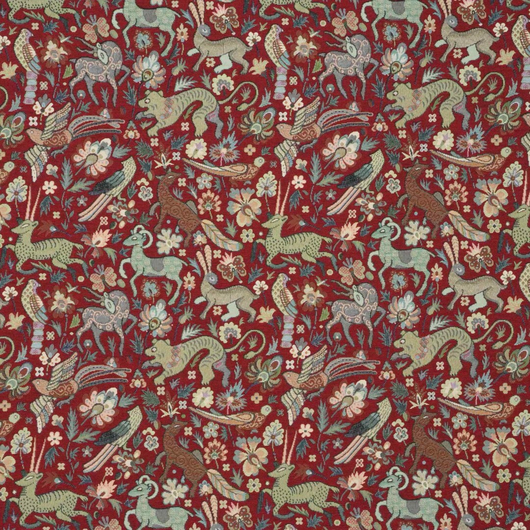 Tudor Forest Red Tapestry Fabric Woven Vintage Style Durable Decorative ...