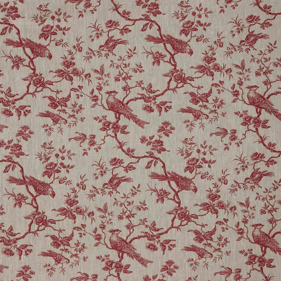 Isabelle Bird Toile Red Linen Fabric 100% Linen 150cm Floral. Sold by ...