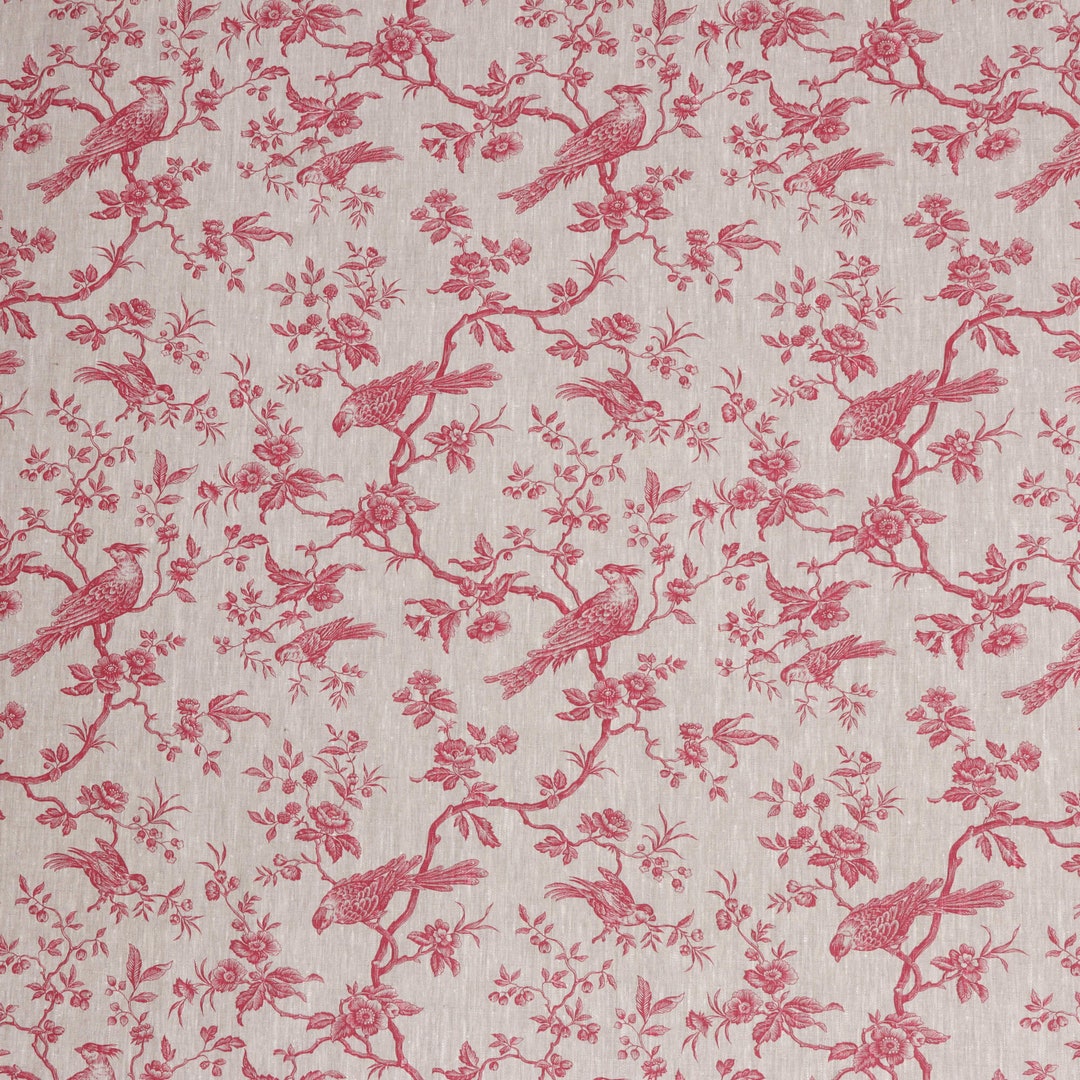 Isabelle Bird Toile Raspberry Linen Fabric 100% Linen 150cm Floral ...