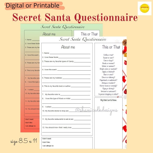 Printable PDF Secret SISTER Gift Exchange Questionnaire work - Etsy