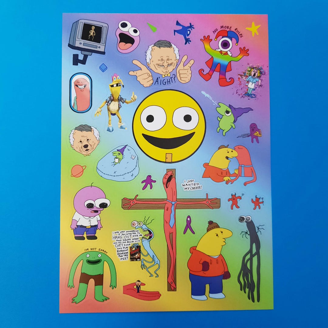 Smiling Friends Sticker Sheet, Alan, Charlie, Pim, Mr Boss, Glep, Mr ...