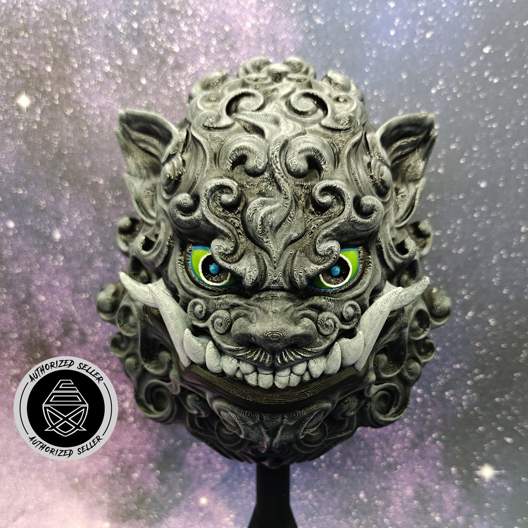 Hand-painted Foo Lion Display Silver and Green Eyes - Etsy
