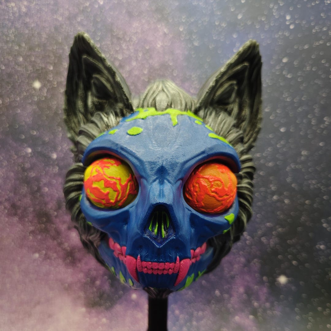 Mew Skull Mask Sculpture 3D Printed Feline Skull With Neon Blue, Pink ...